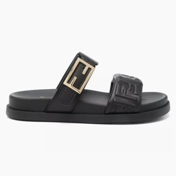 Fendi | Shoes | Fendi Feel Ff Logo Double Strap Leather Slides Sandals ...